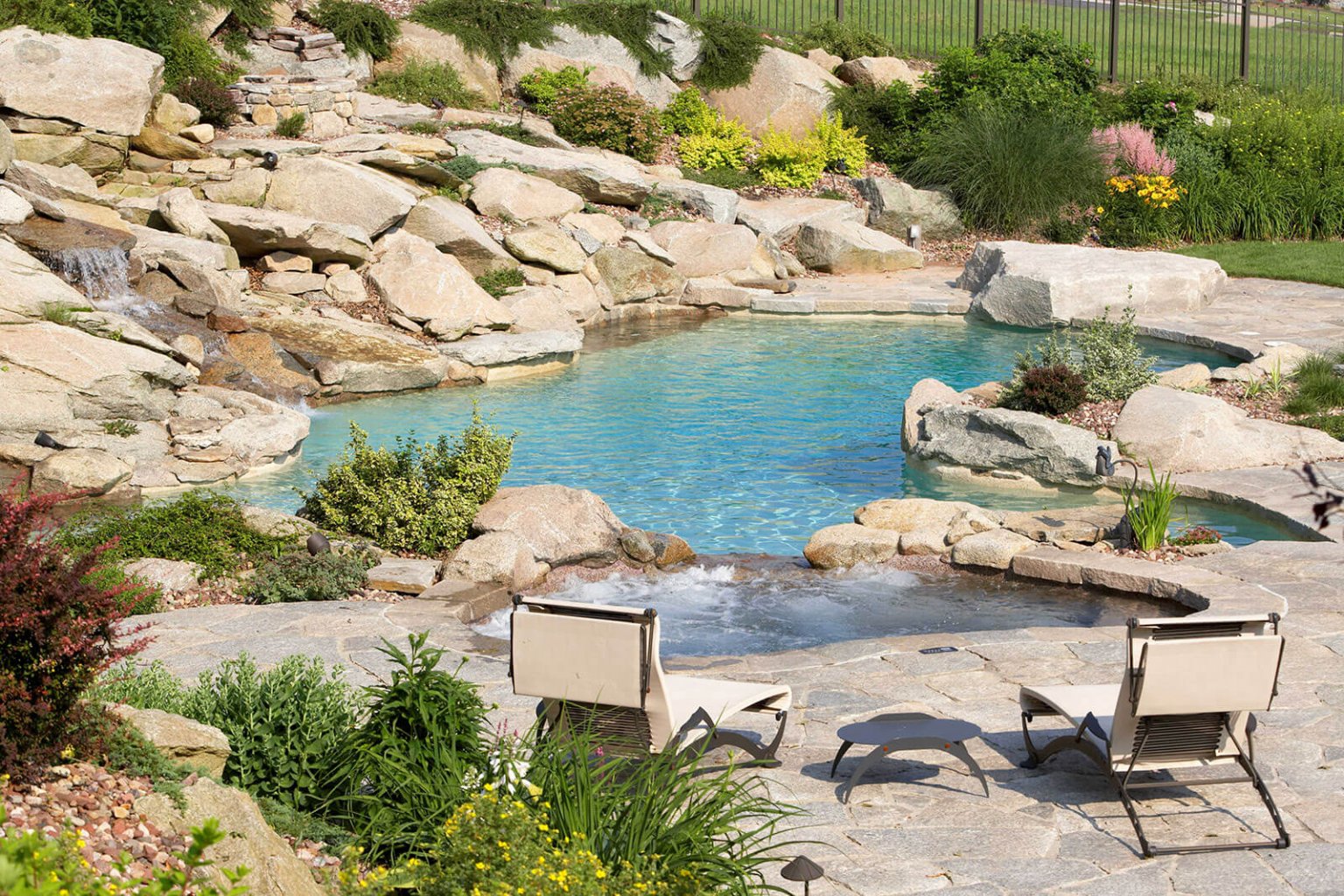 Inground Gunite Swimming Pool Featuring Spa & waterfall - Aqua Pool & Patio